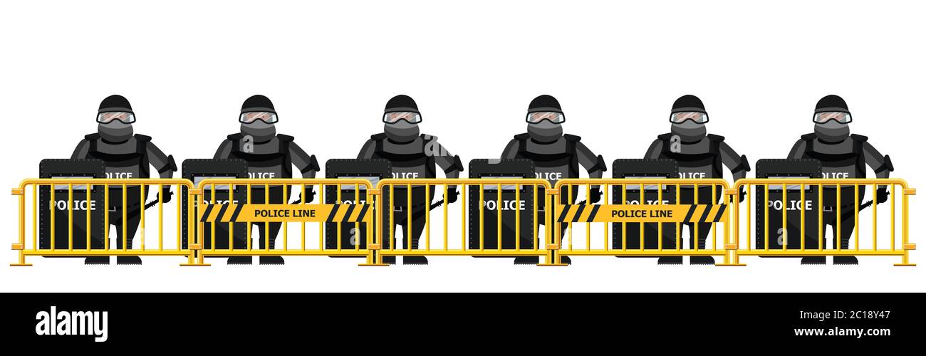 Riot police standing behind crowd control barrier isolated on white ...