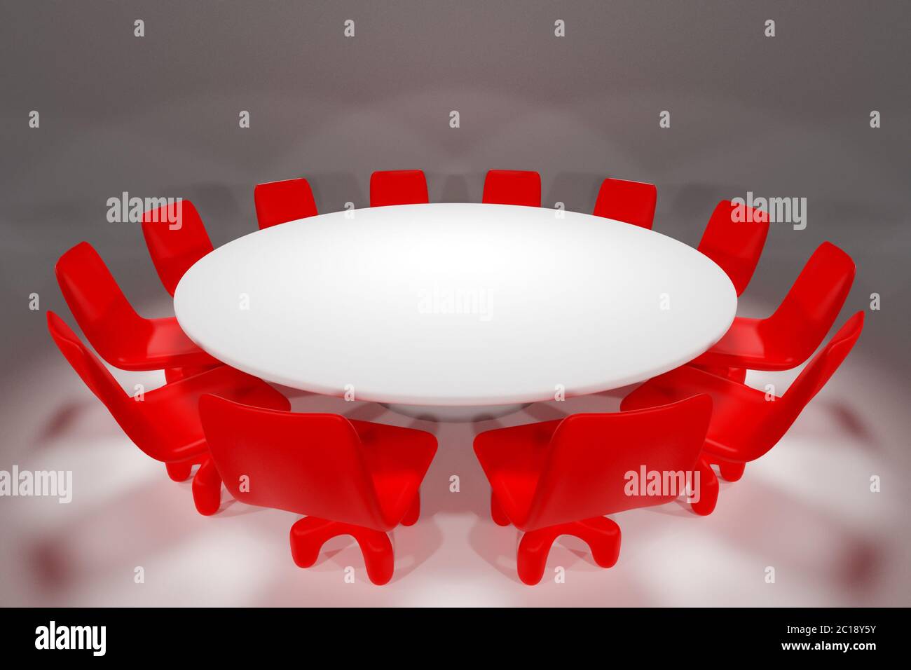 3D render white round table for negotiations, headed by a red chair of ...