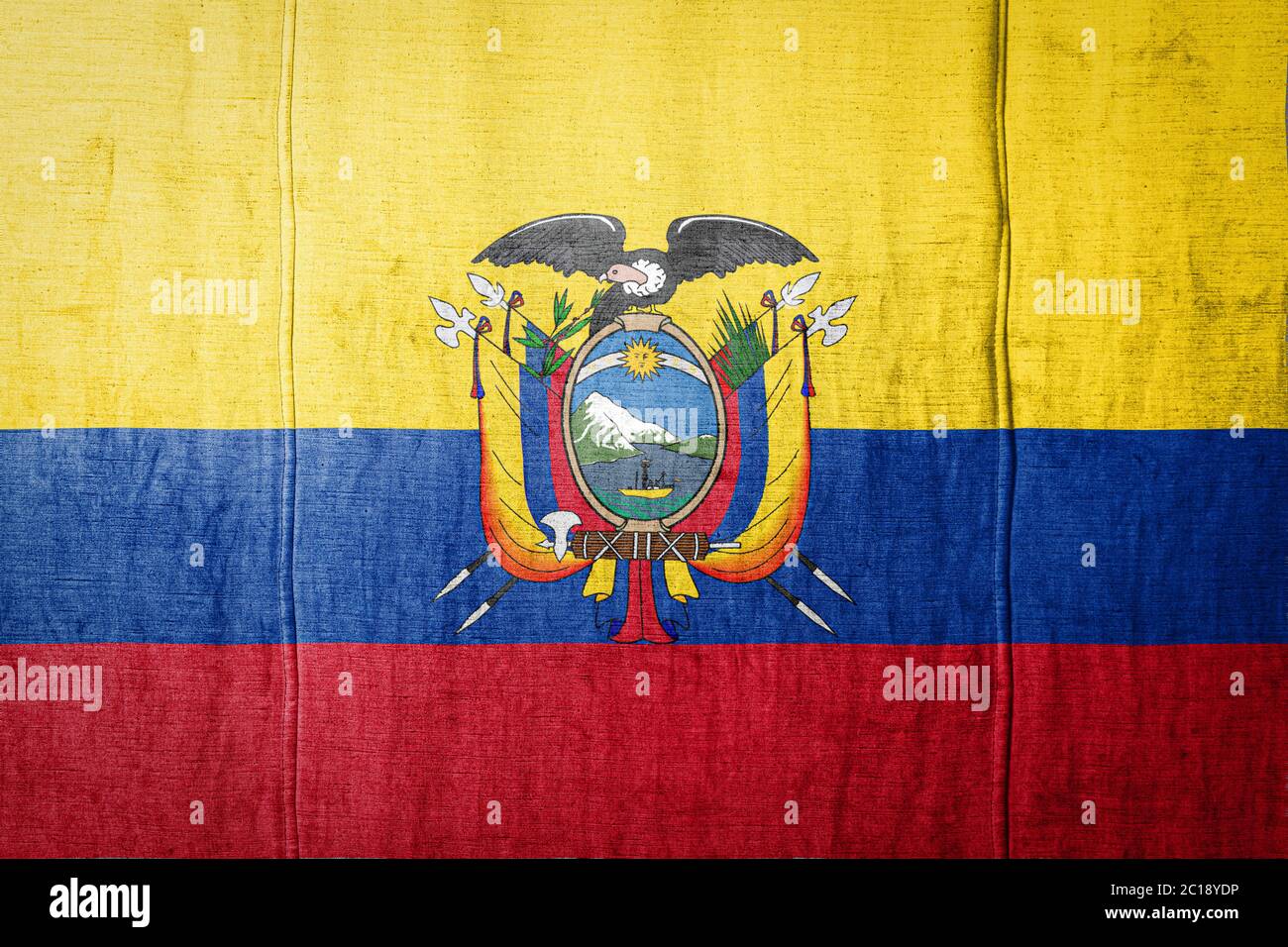 National flag of Ecuador depicting in paint colors on old textile. Flag ...
