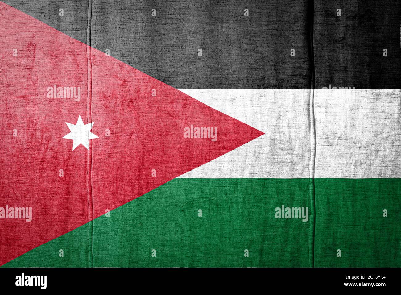 National flag of Jordan depicting in paint colors on old textile. Flag ...
