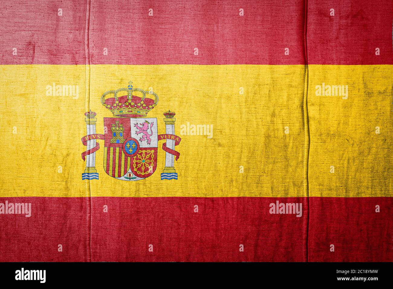 National flag of Spain depicting in paint colors on old textile. Flag ...