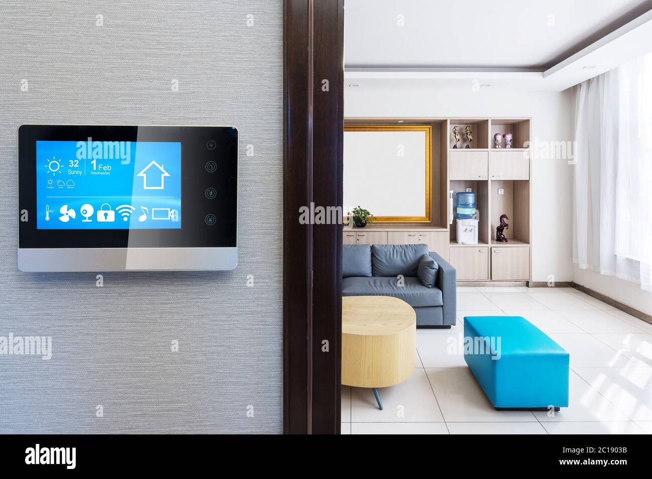 intelligent screen with smart home in modern living room Stock Photo ...