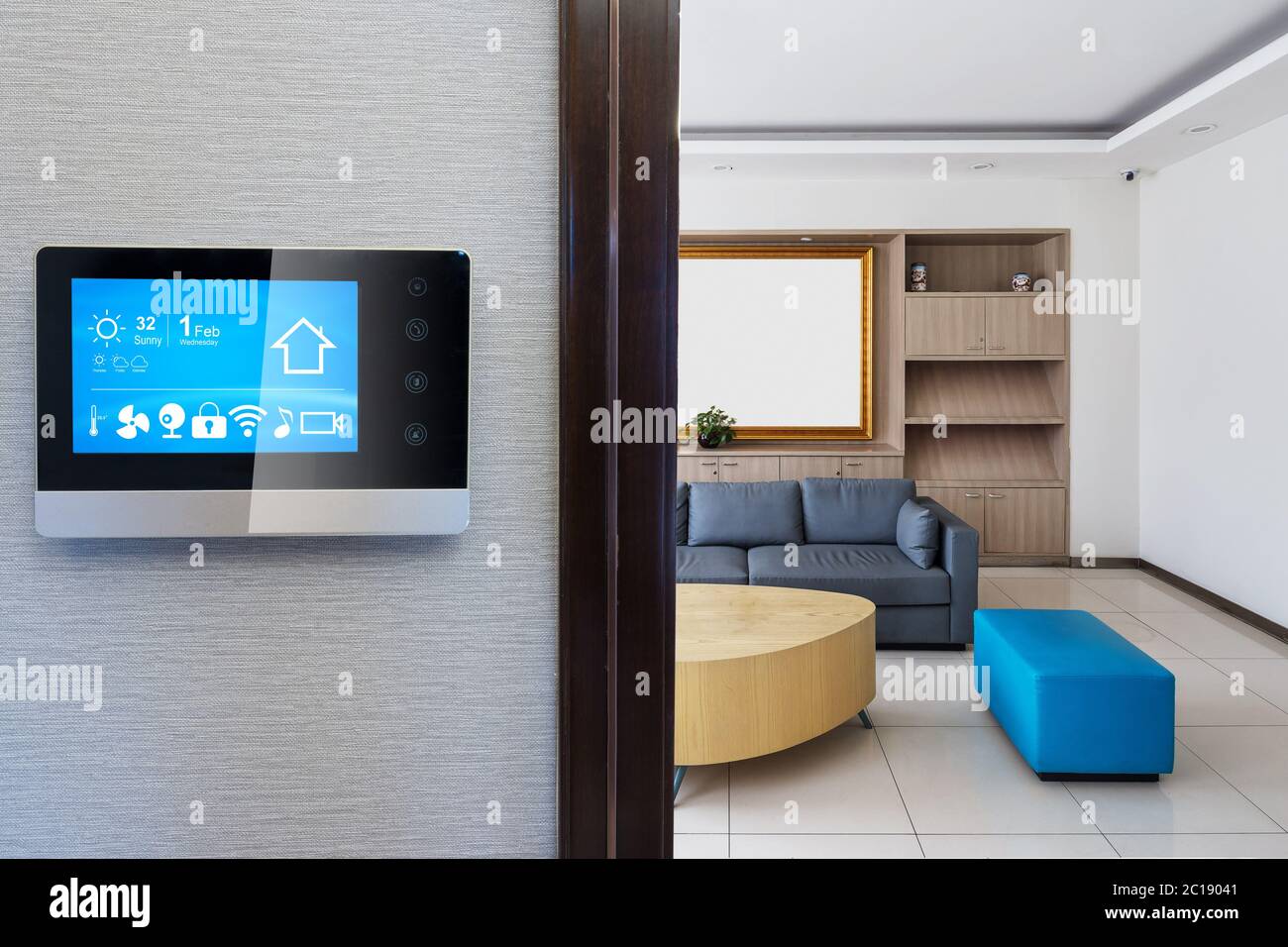 intelligent screen with smart home in modern living room Stock Photo ...