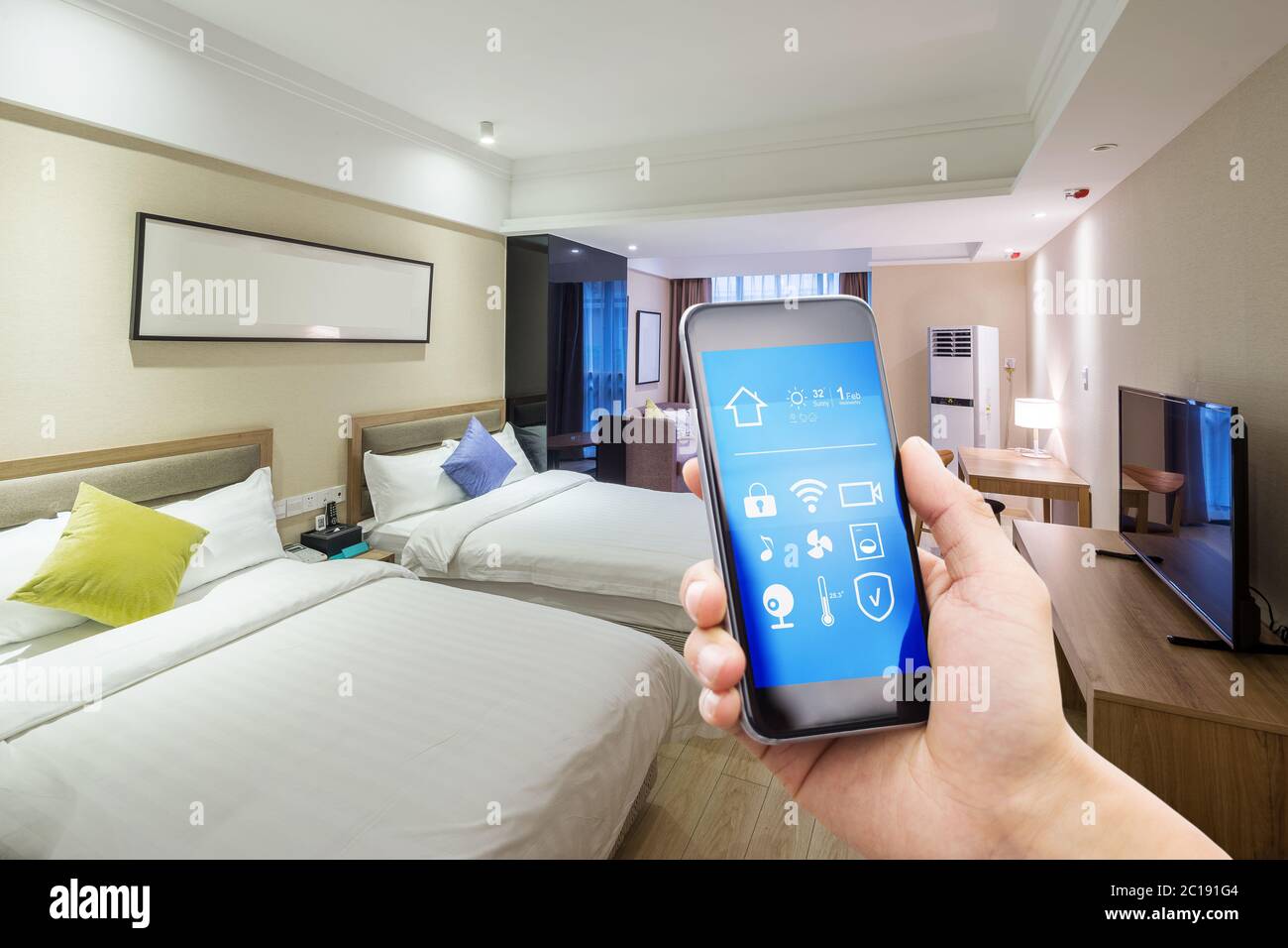 smart phone with smart home in modern bedroom Stock Photo - Alamy