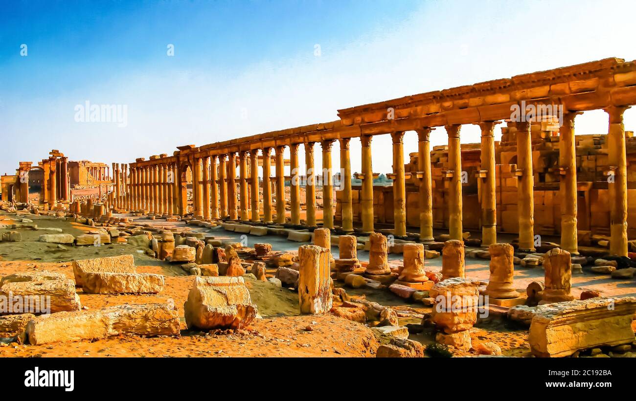 Panorama of Palmyra columns and ancient city, destroyed ISIS Syr Stock ...