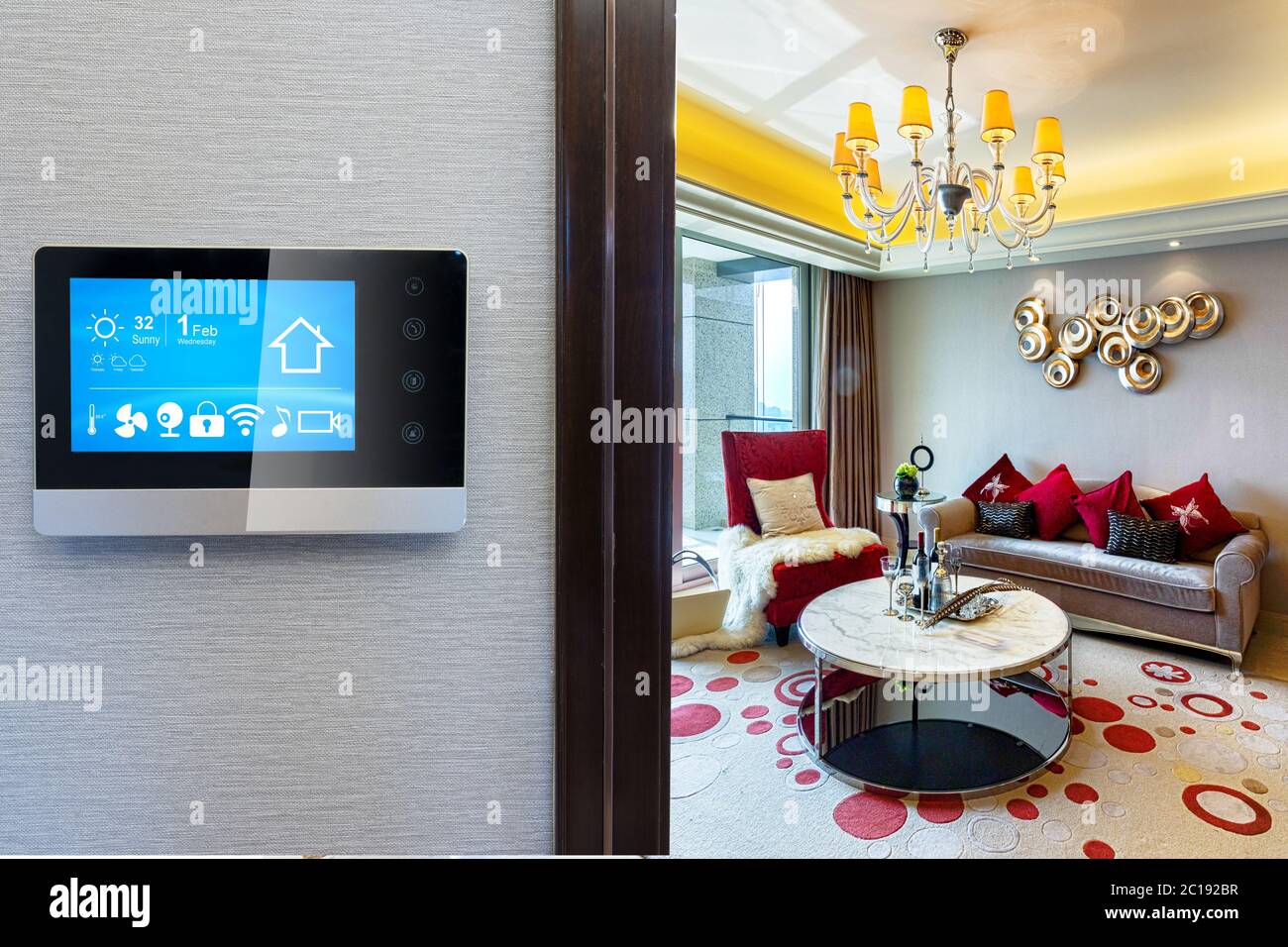 smart screen with smart home with modern living room Stock Photo - Alamy