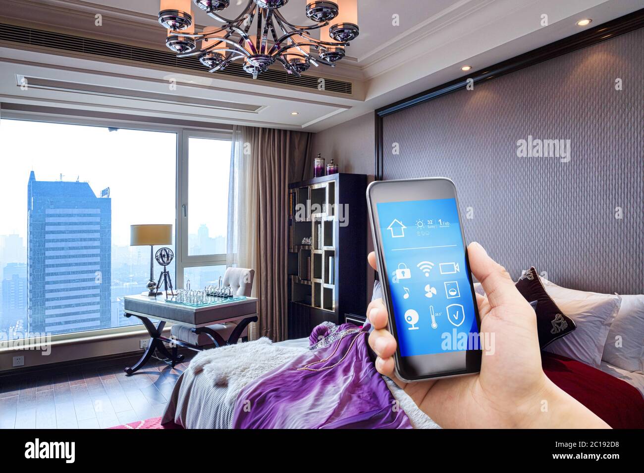 smart phone with smart home with modern bedroom Stock Photo - Alamy