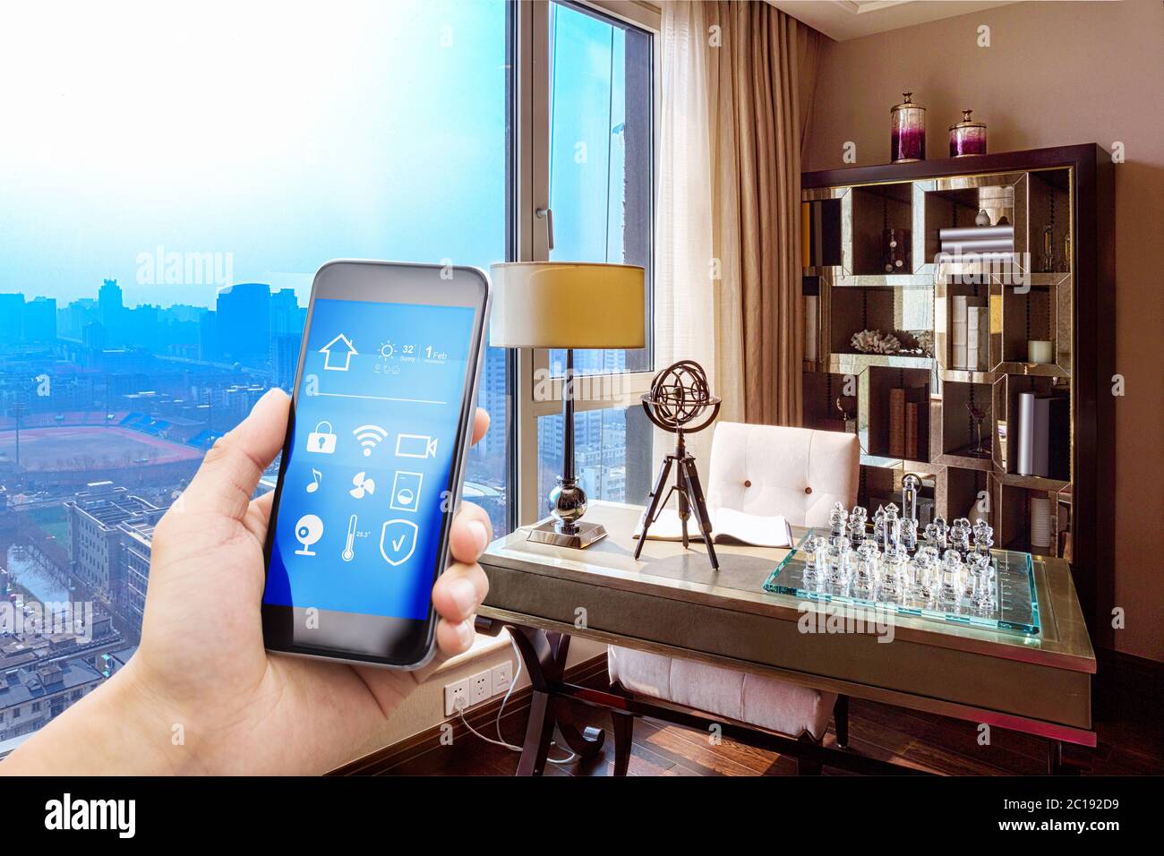 smart phone with smart home with modern bedroom Stock Photo - Alamy