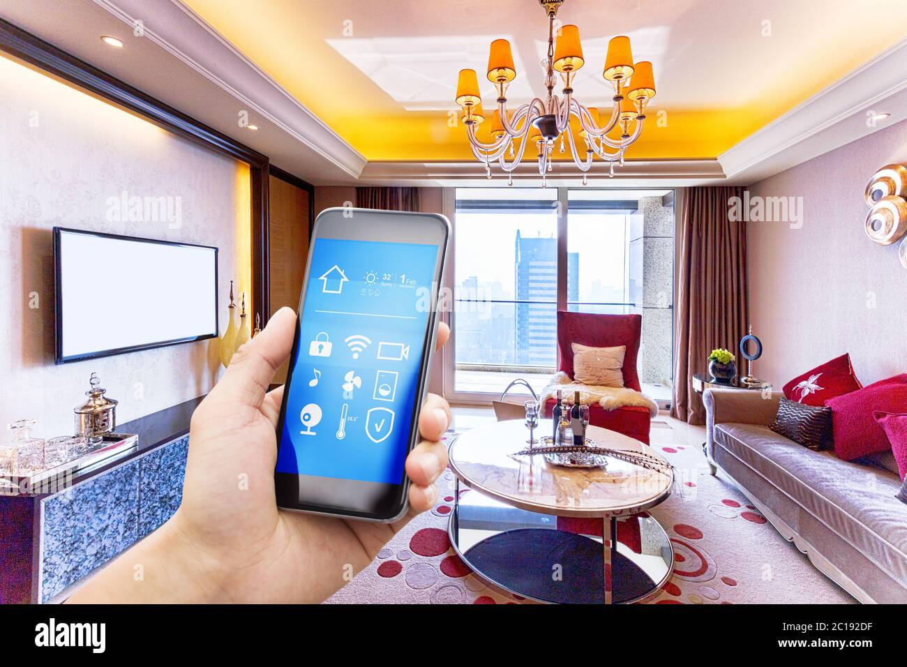 smart phone with smart home with modern living room Stock Photo - Alamy