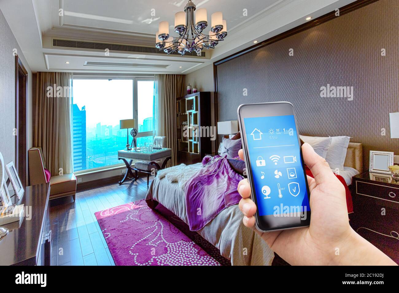smart phone with smart home with modern bedroom Stock Photo - Alamy