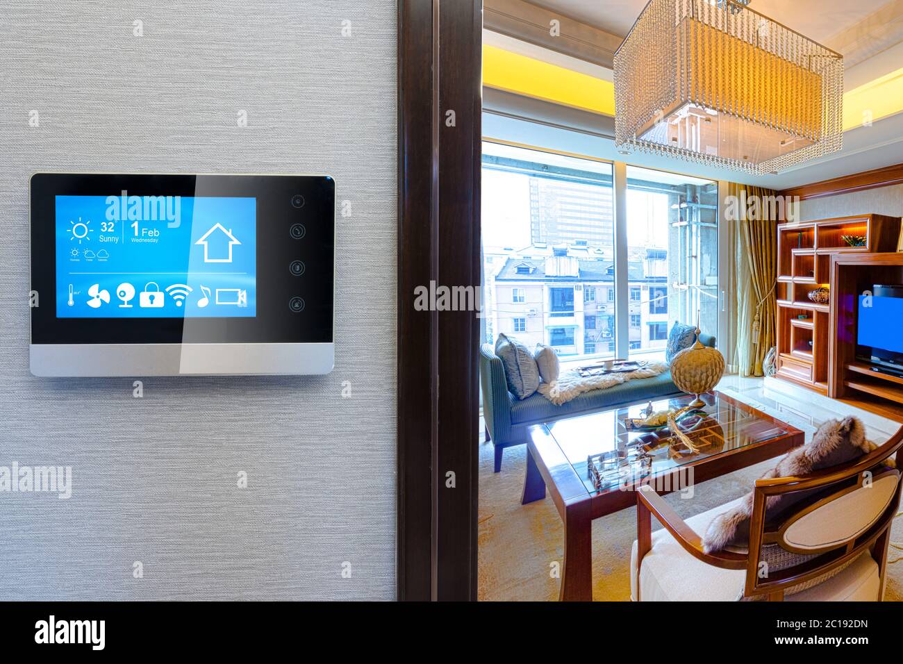 smart screen with smart home with modern living room Stock Photo - Alamy