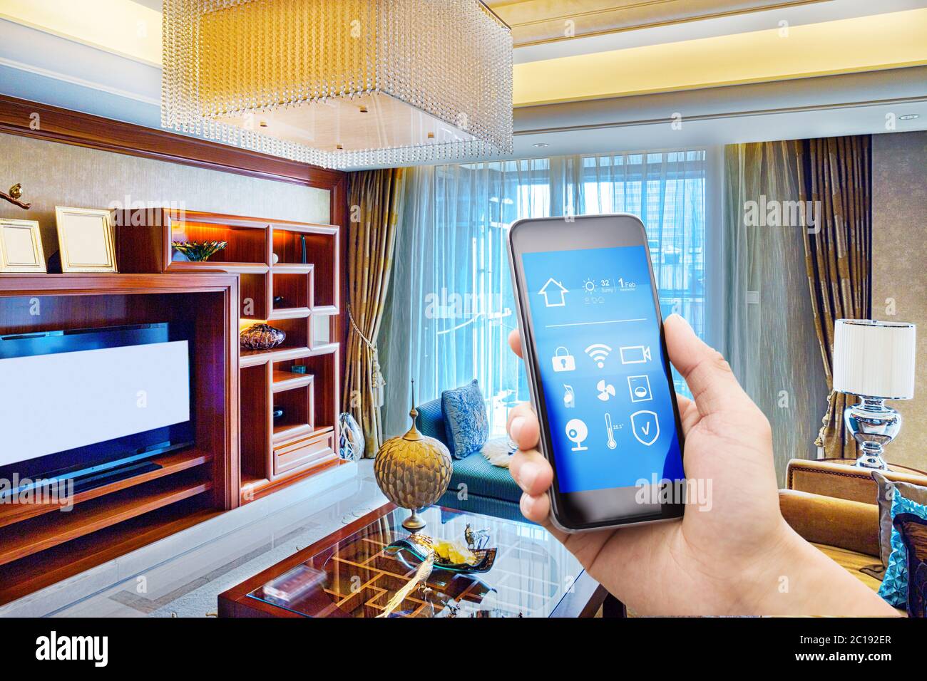 smart phone with smart home with modern living room Stock Photo - Alamy