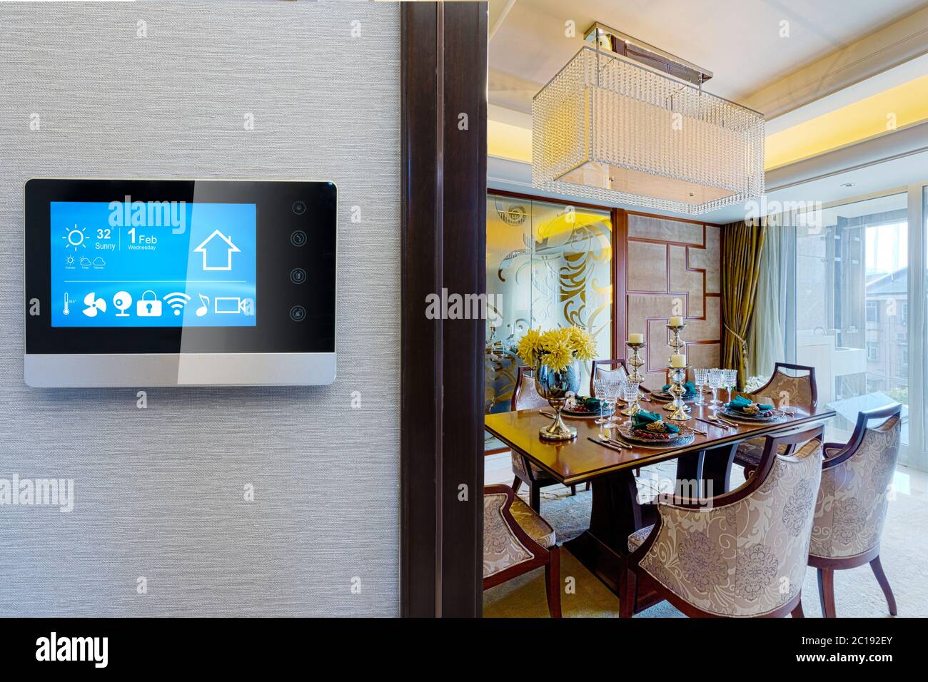 smart screen with smart home with modern dining room Stock Photo - Alamy