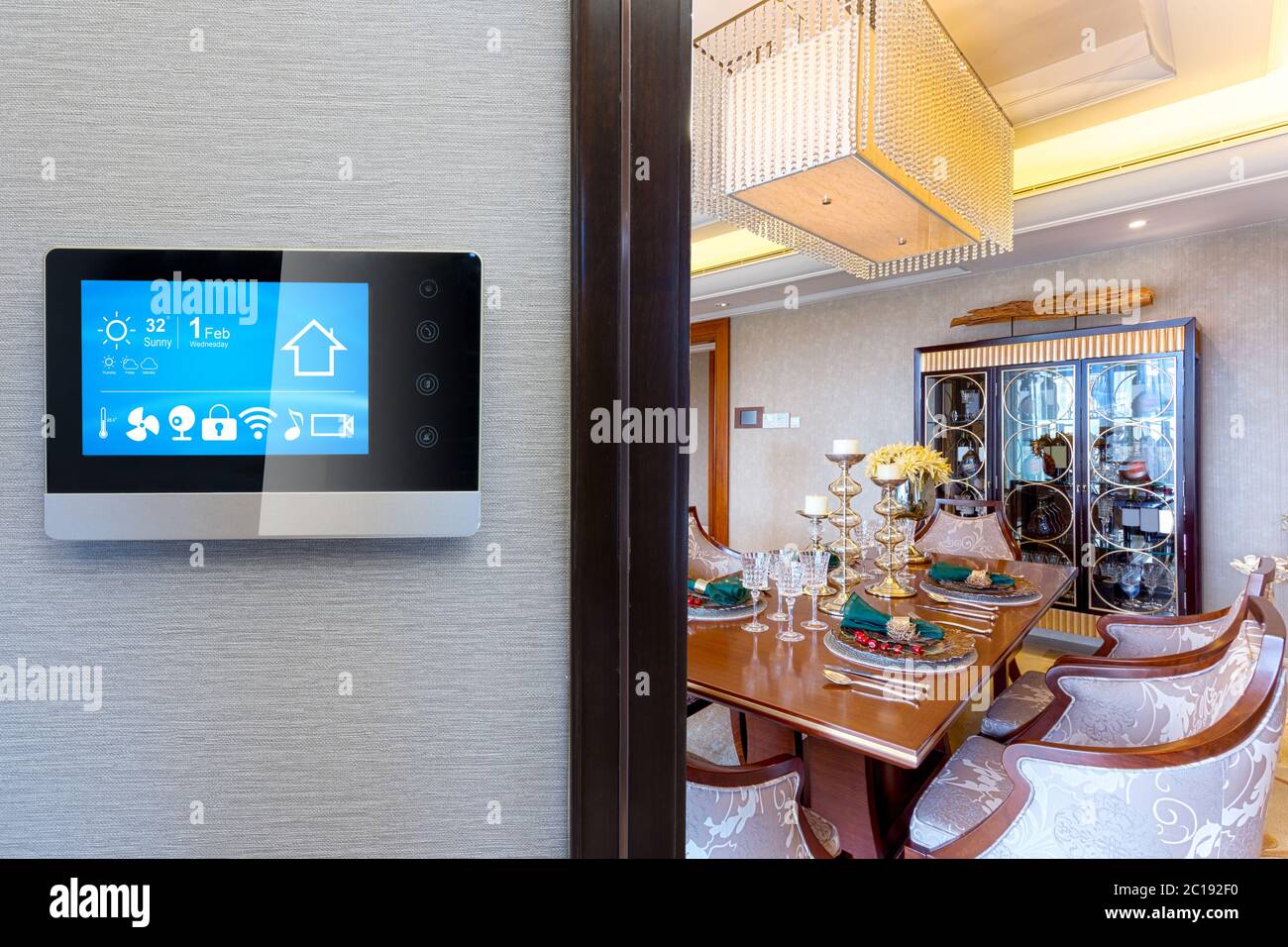smart screen with smart home with modern dining room Stock Photo - Alamy