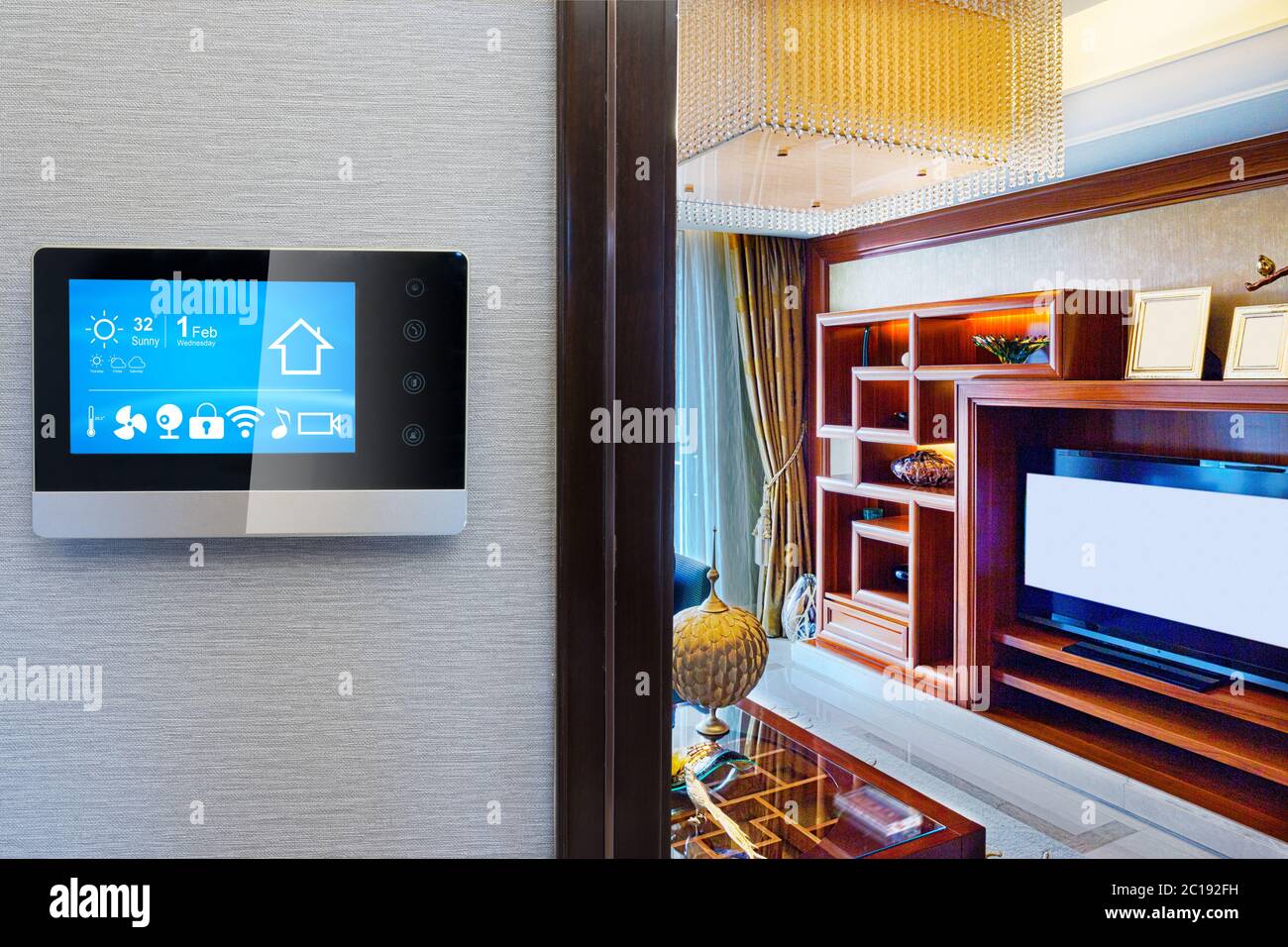 smart screen with smart home with modern living room Stock Photo - Alamy