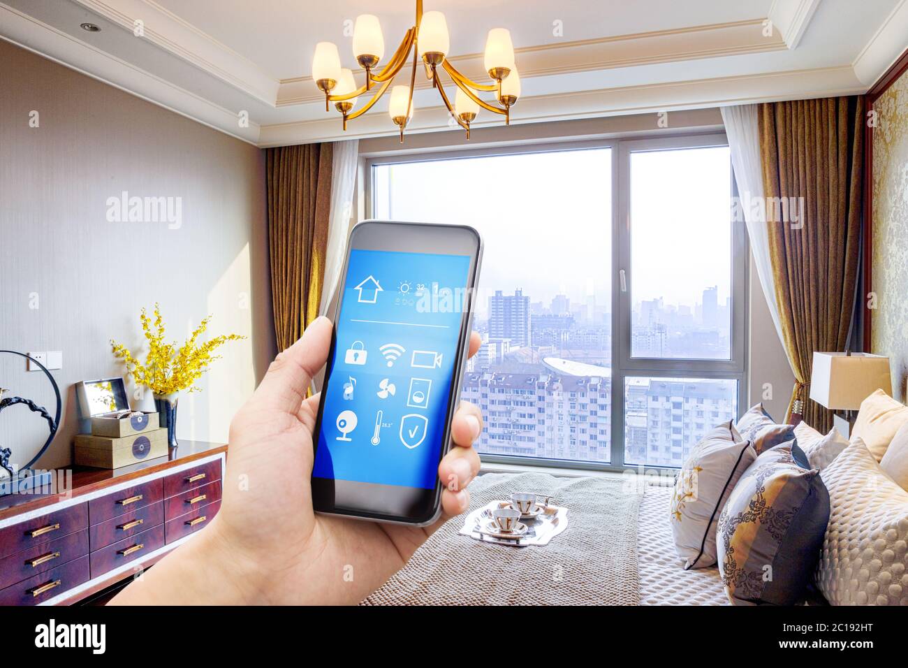smart phone with smart home with modern bedroom Stock Photo - Alamy