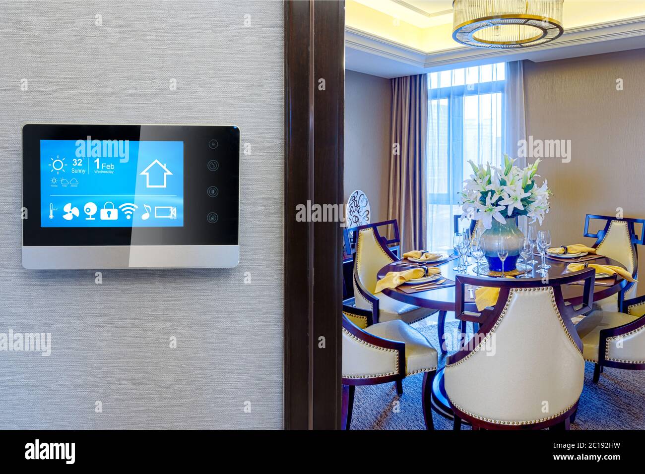 smart screen with smart home with modern dining room Stock Photo - Alamy