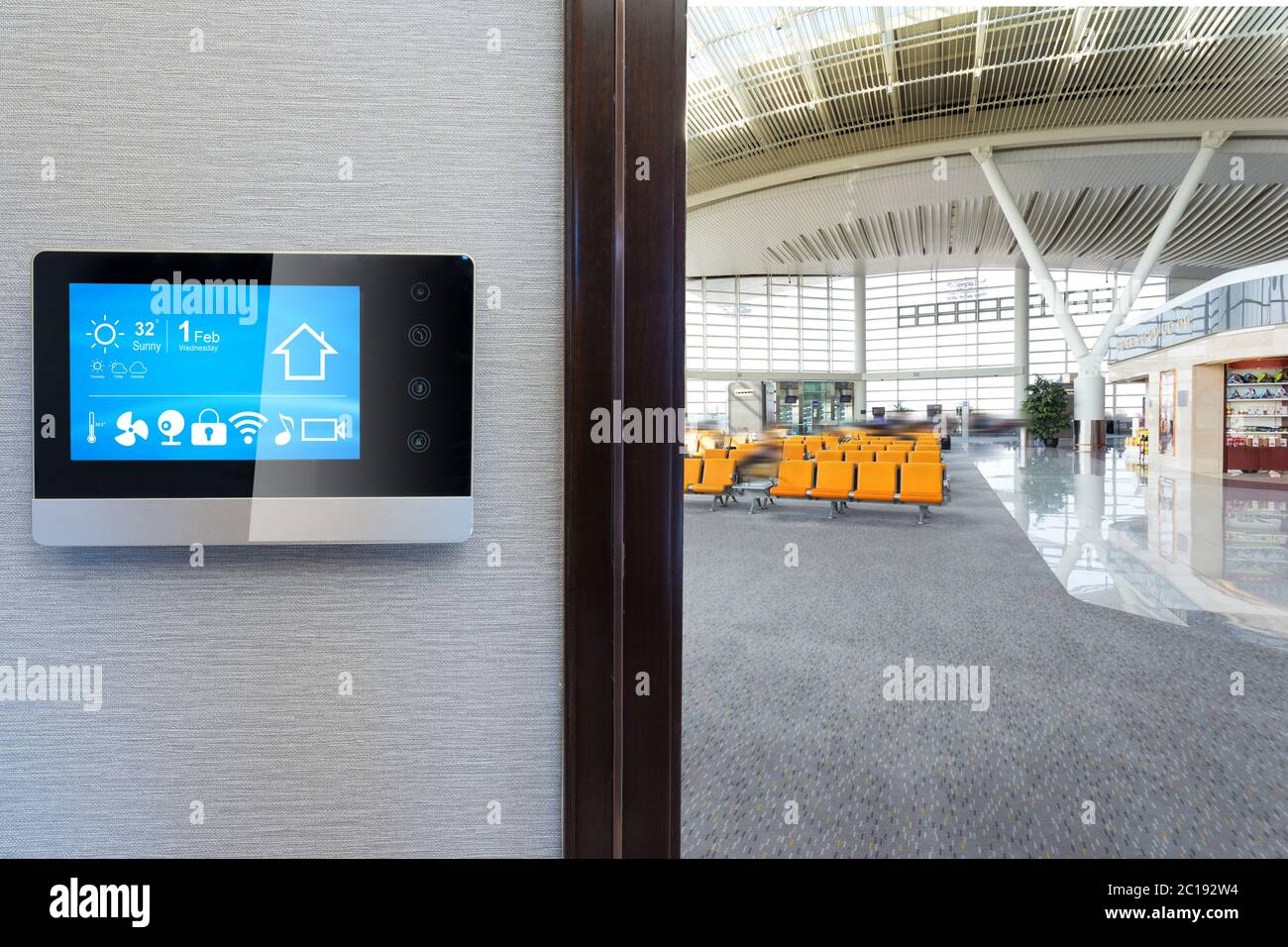 smart screen with smart home with modern airport hall Stock Photo - Alamy