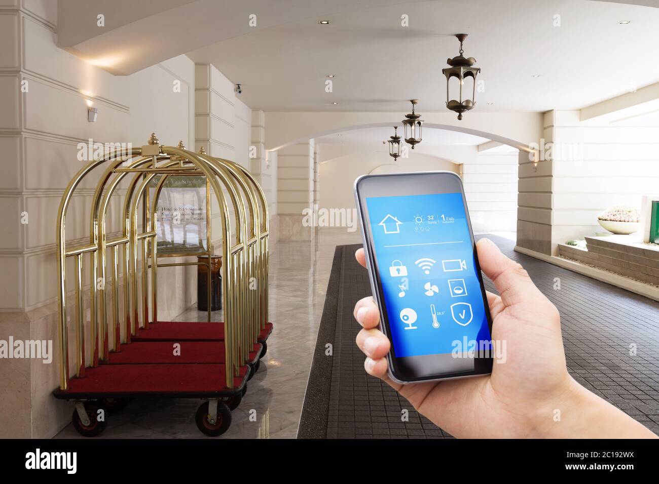 smart phone with smart home with modern corridor Stock Photo - Alamy