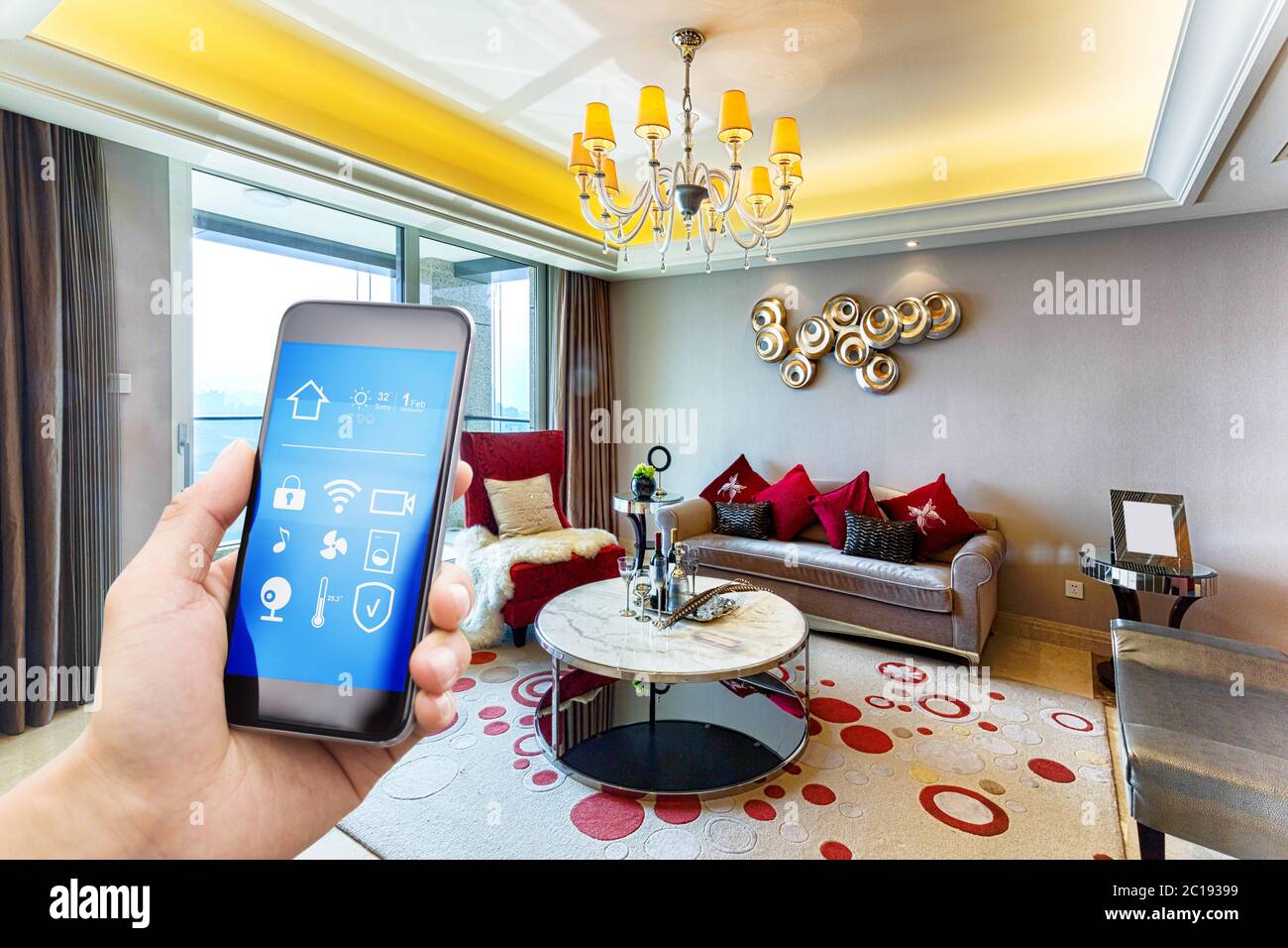 smart phone with smart home with modern living room Stock Photo - Alamy