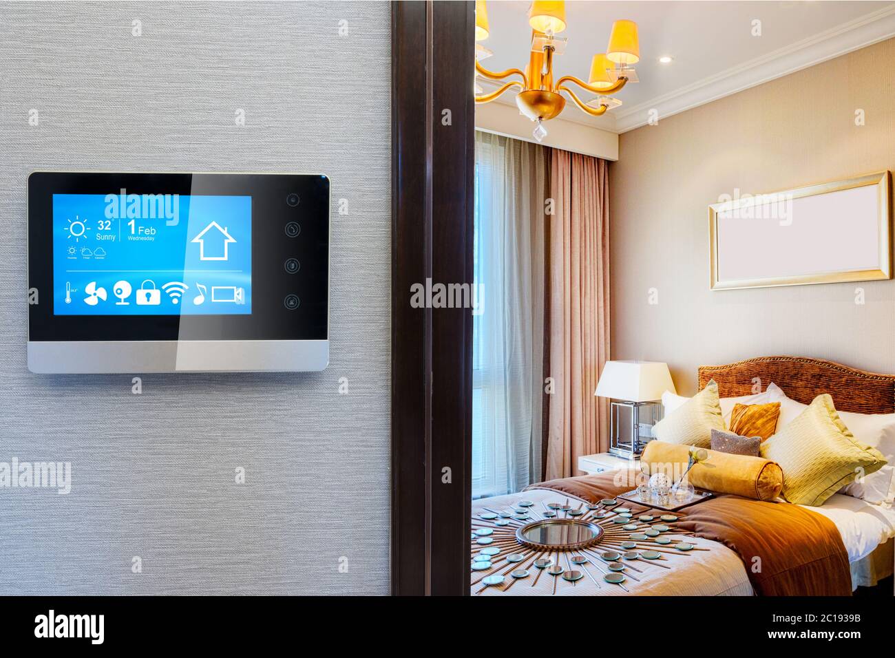 smart screen with smart home with modern bedroom Stock Photo - Alamy