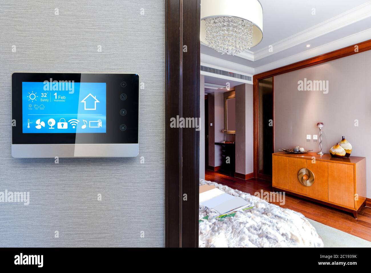 smart screen with smart home with modern bedroom Stock Photo - Alamy