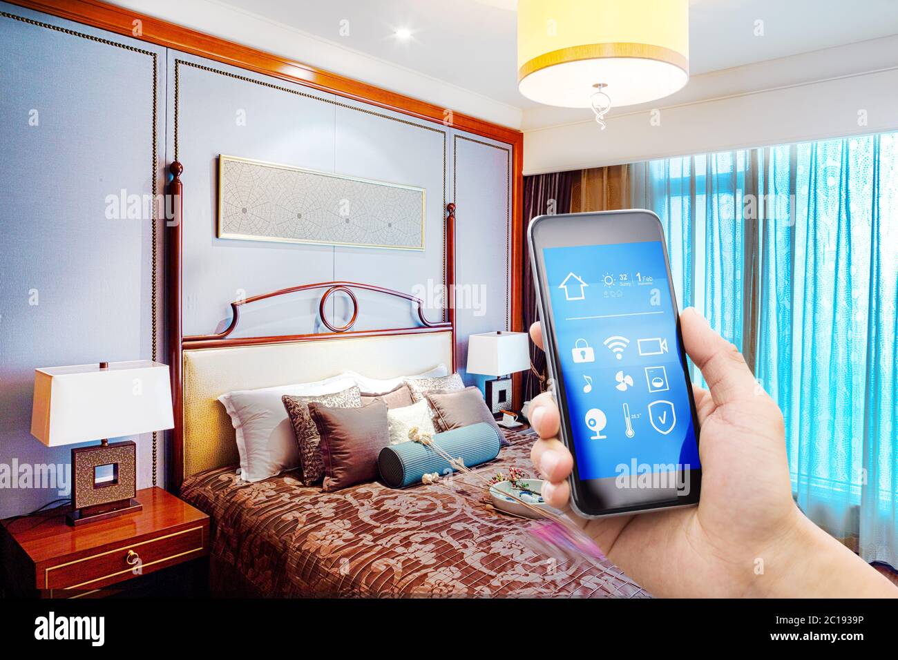 smart phone with smart home with modern bedroom Stock Photo - Alamy
