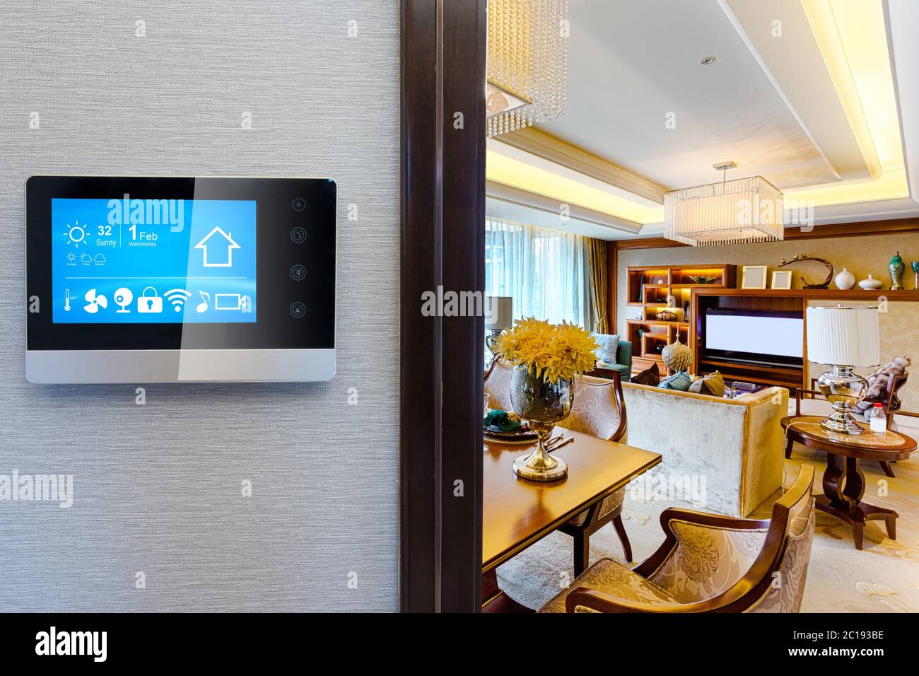 smart screen with smart home with modern living room Stock Photo - Alamy