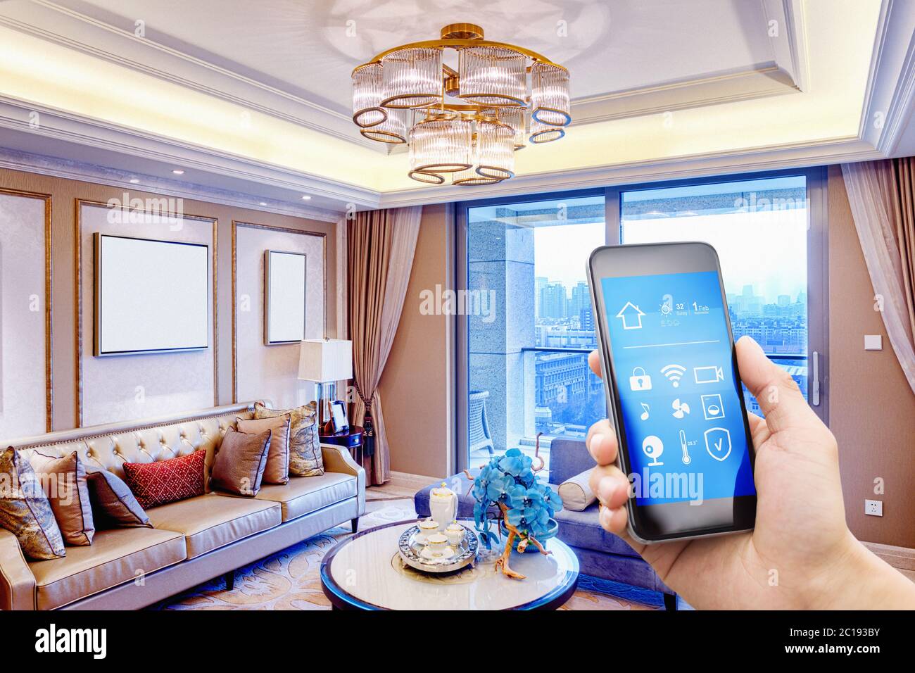 smart phone with smart home with modern living room Stock Photo - Alamy