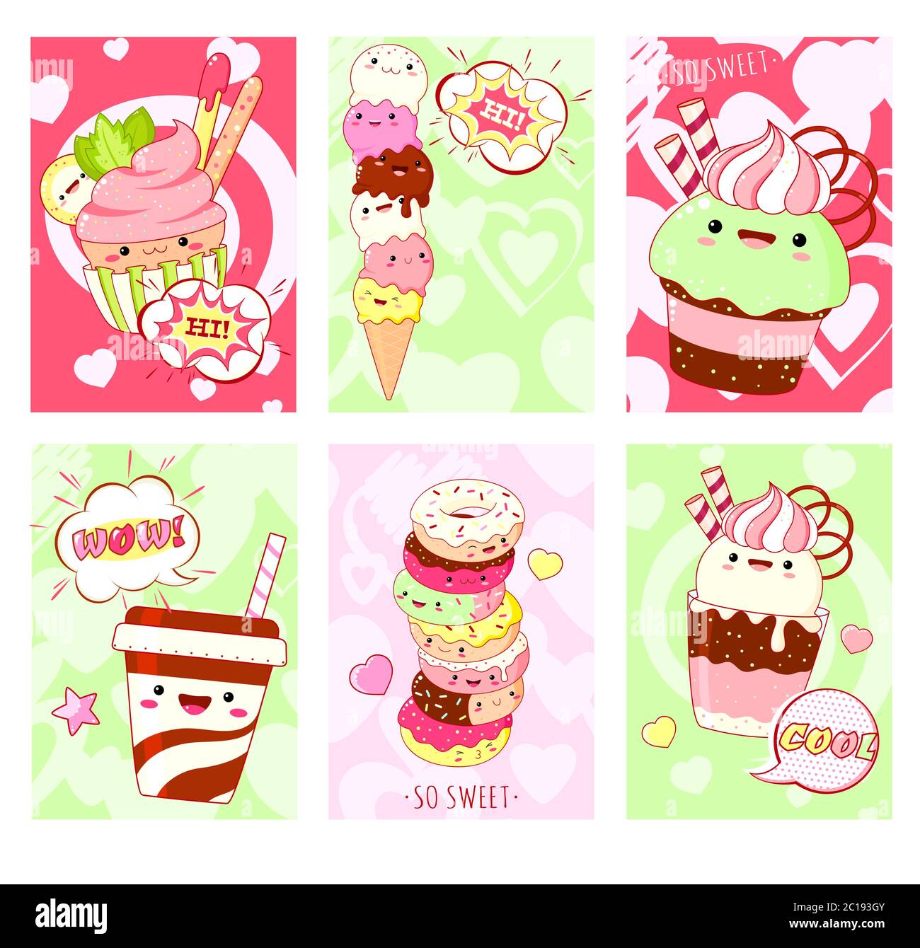 Set of cards with cute sweet desserts in kawaii style with smiling face ...