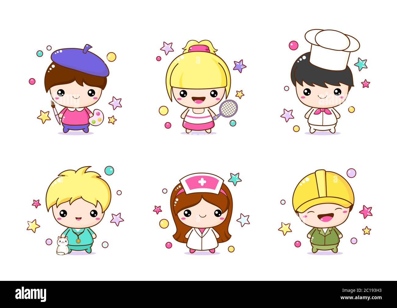 Cartoon kids in professional uniform. Doctor, vet, artist, worker ...