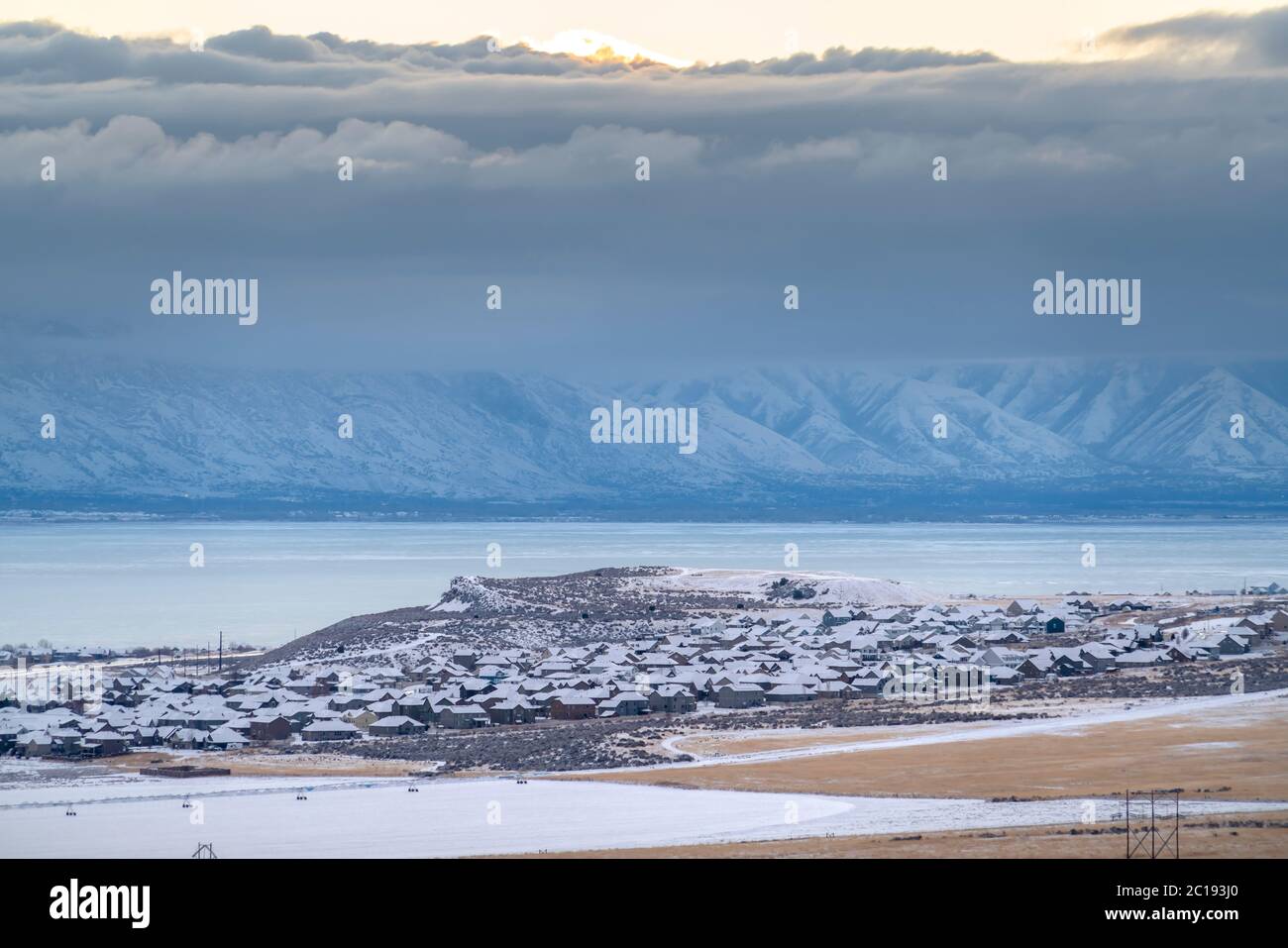 Scenic utah valley landscape with snowy mountain frozen lake and ...