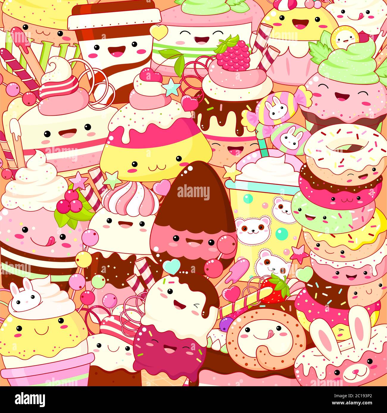 Square background with cute sweet desserts in kawaii style with smiling ...