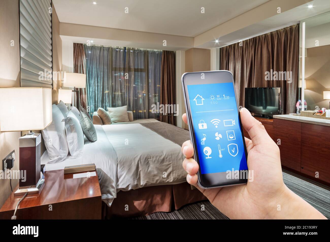smart phone with smart home with modern bedroom Stock Photo - Alamy