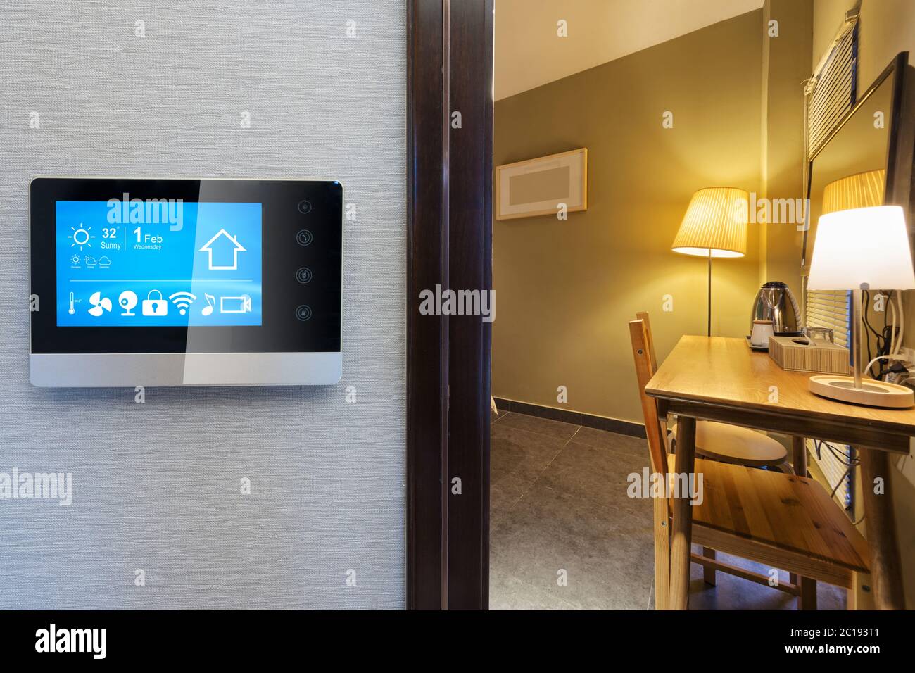 smart screen with smart home with modern bedroom Stock Photo - Alamy