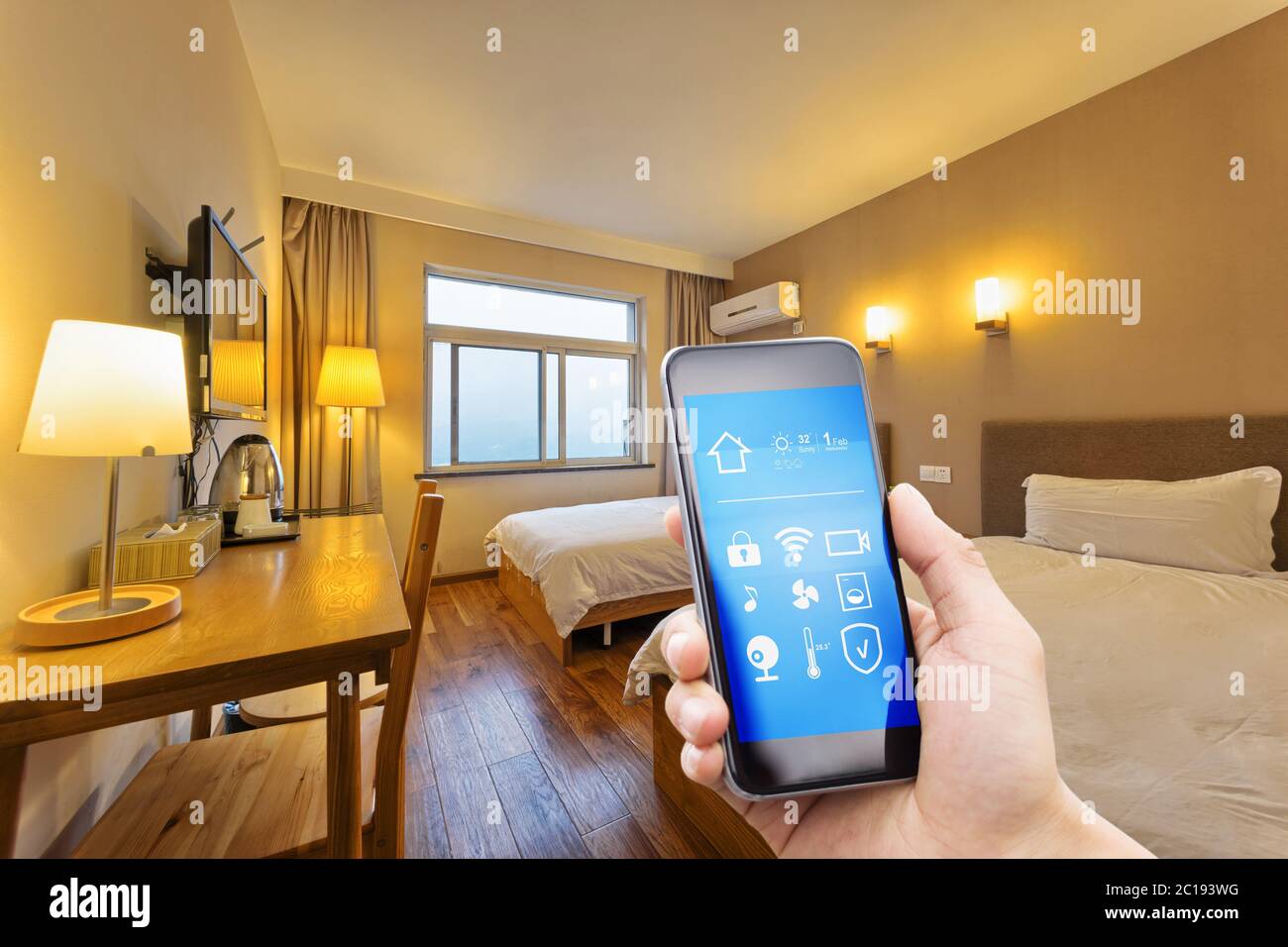 smart phone with smart home with modern bedroom Stock Photo - Alamy