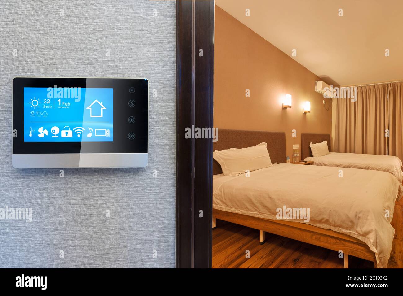 smart screen with smart home with modern bedroom Stock Photo - Alamy