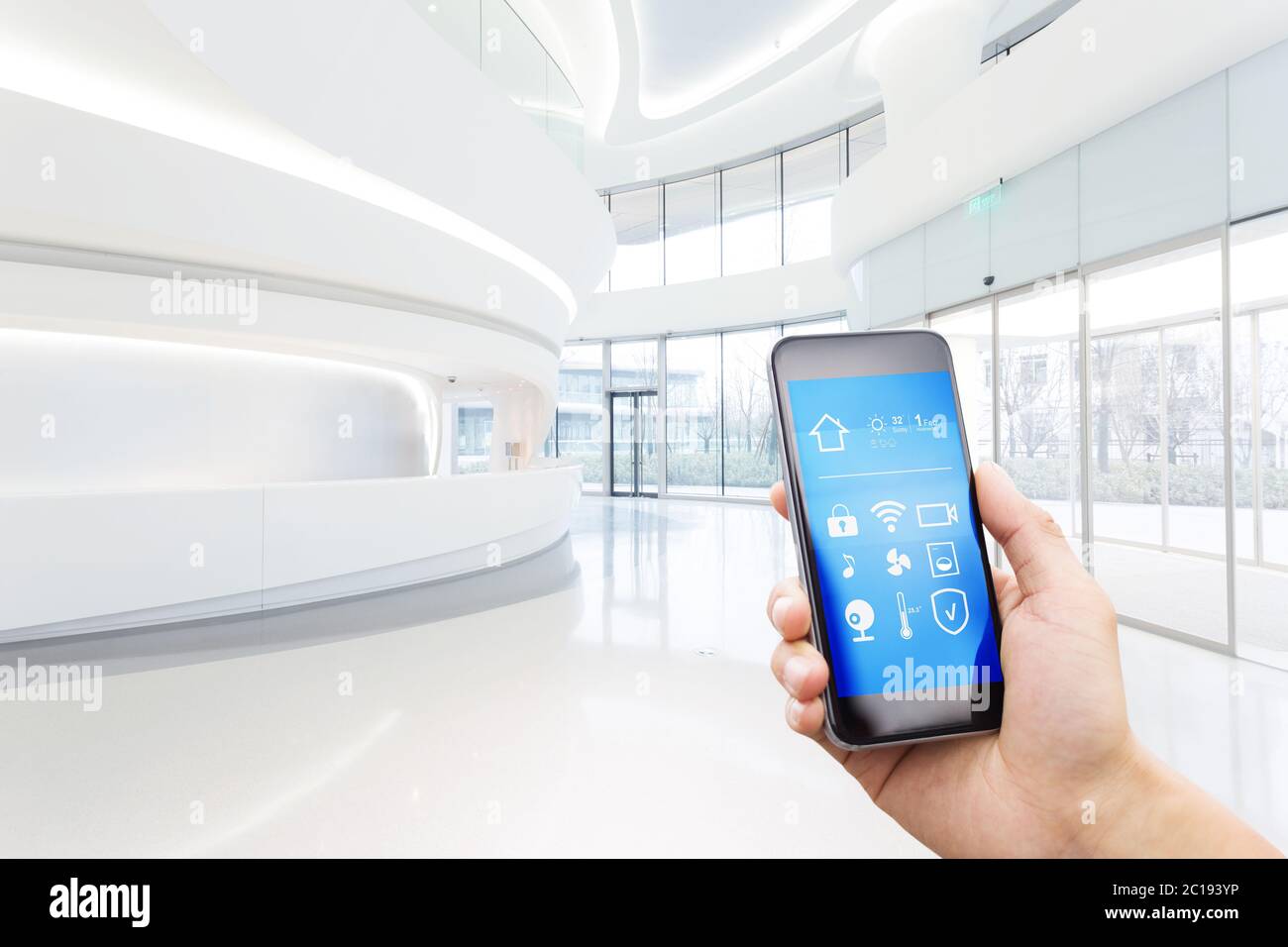 smart phone with smart home with modern hall Stock Photo - Alamy