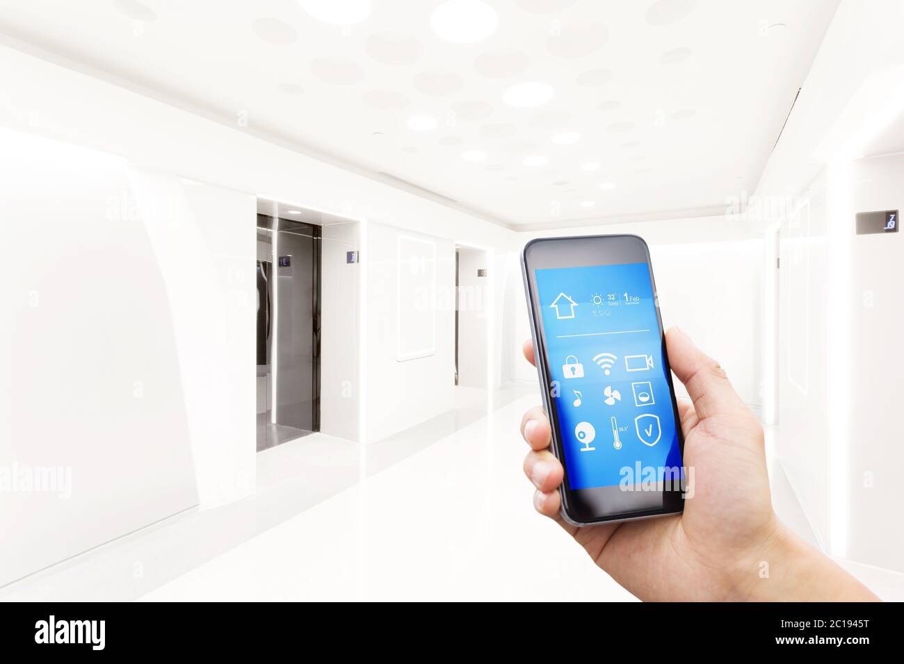 smart phone with smart home with modern hall Stock Photo - Alamy