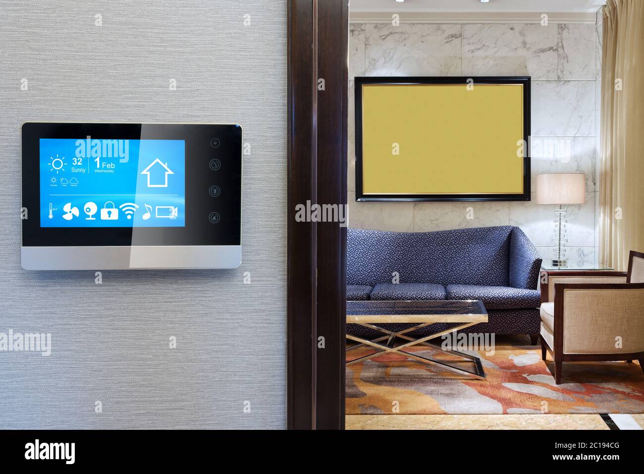 smart screen with smart home and modern living room Stock Photo - Alamy