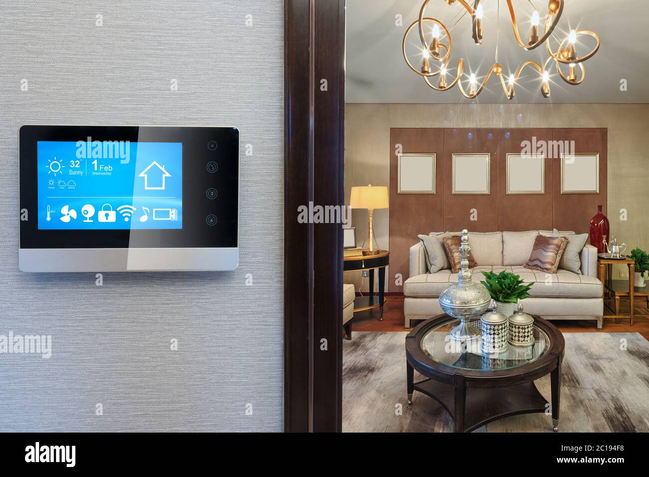 smart screen with smart home with modern living room Stock Photo - Alamy