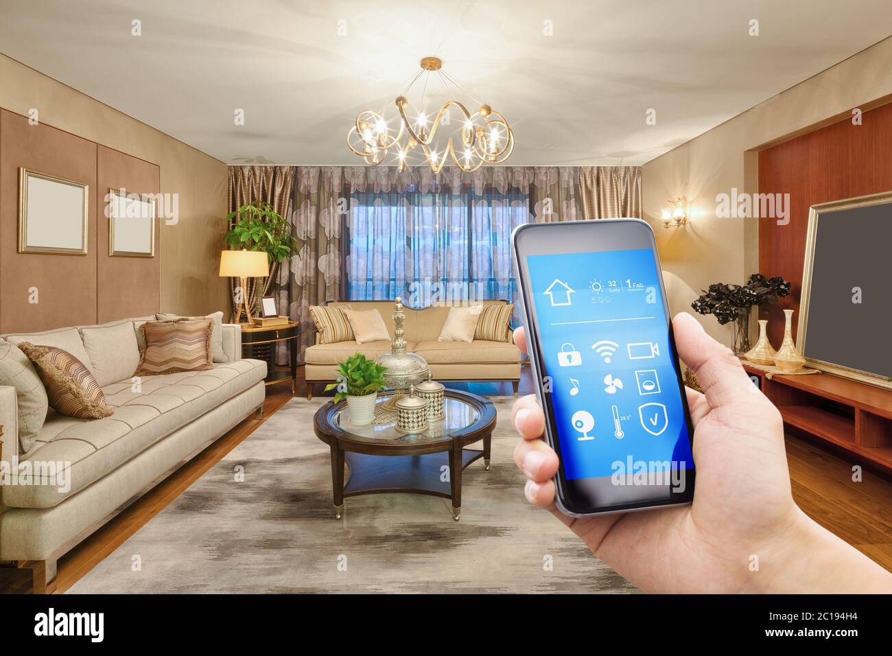 smart phone with smart home with modern living room Stock Photo - Alamy