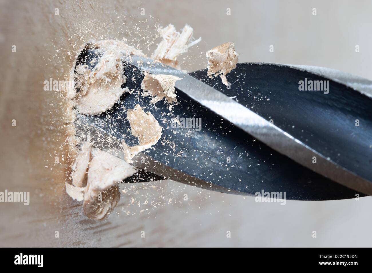 Sharp drill bit make hole to wood, macro view. The metal bit of ...