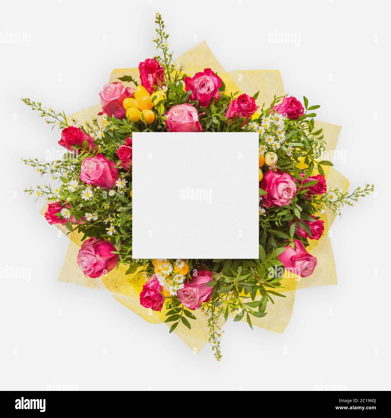 Creative layout made of flowers and leaves with paper card note. Flat ...