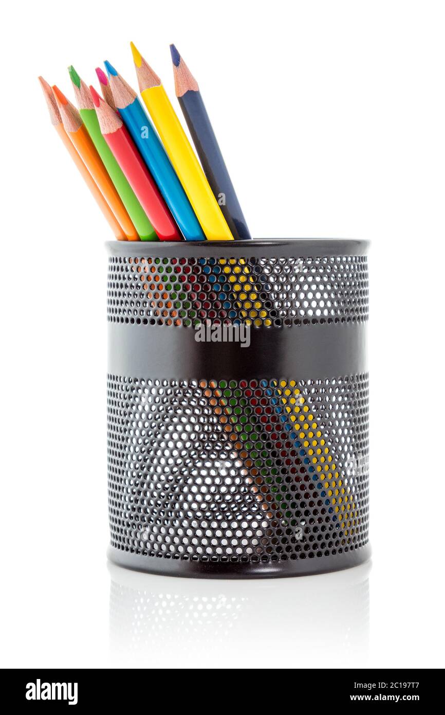 Colored pencils in pot isolated on white Stock Photo - Alamy