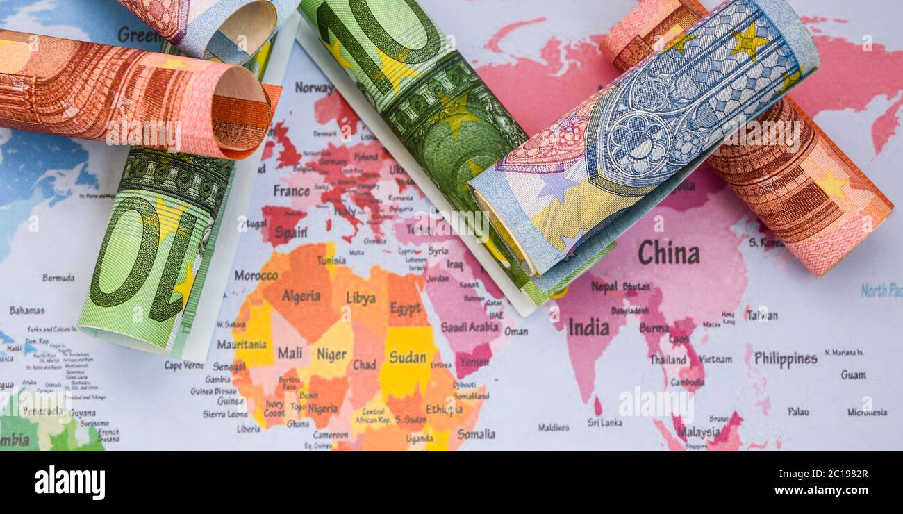 Euro banknote on the Europe map. Concept for Eurozone, European economy ...