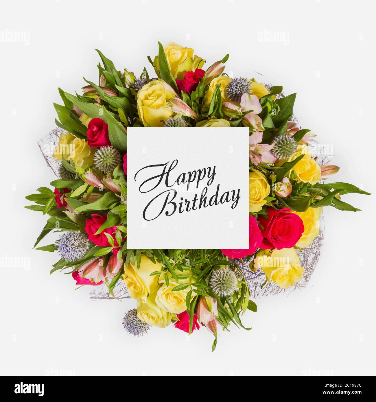 Happy Birthday card with flowers flat lay Stock Photo - Alamy