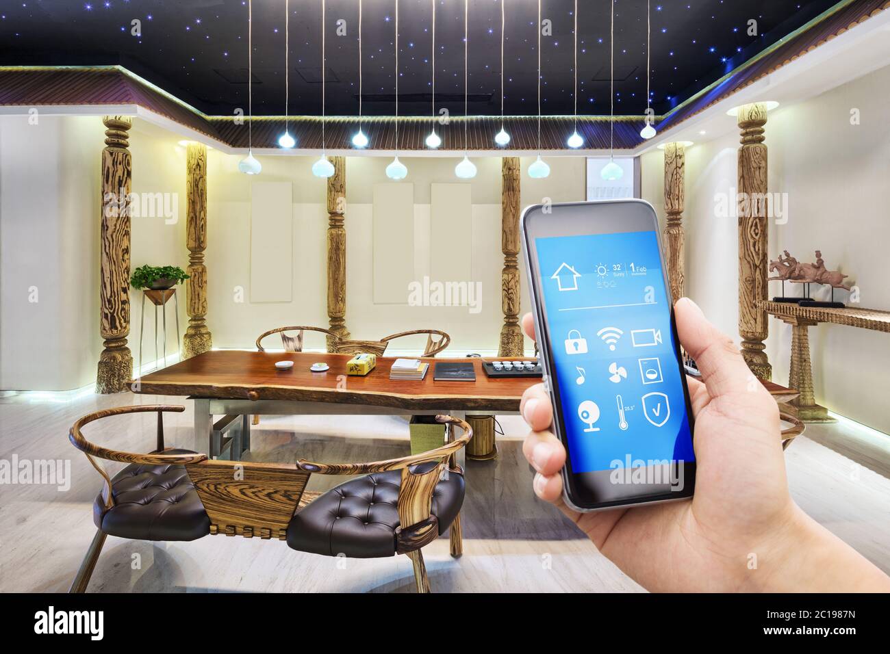 smart phone with smart home with modern dining room Stock Photo - Alamy