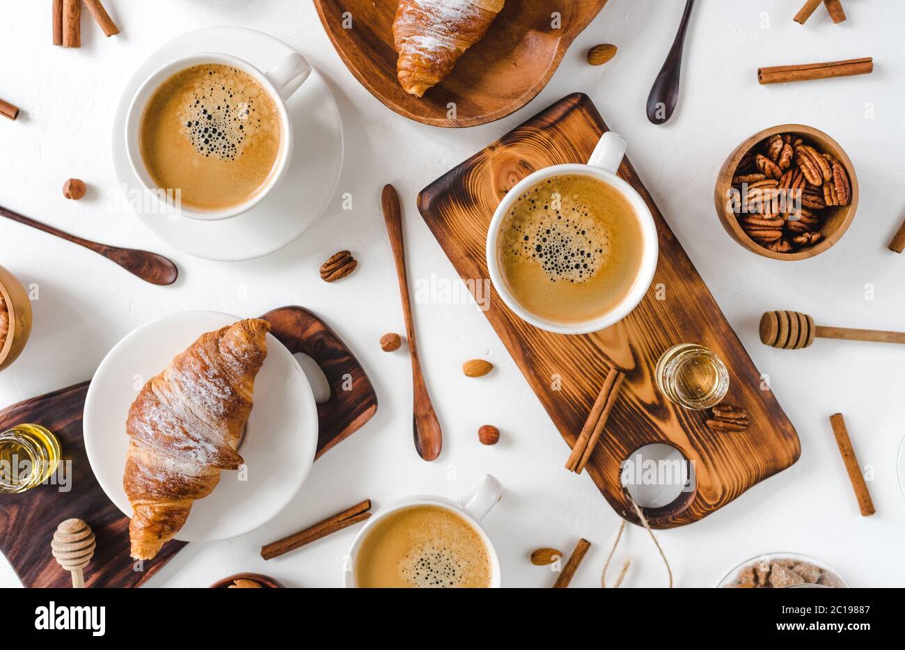 breakfast pattern, croissant, coffee, honey, cinnamon sticks, nuts ...