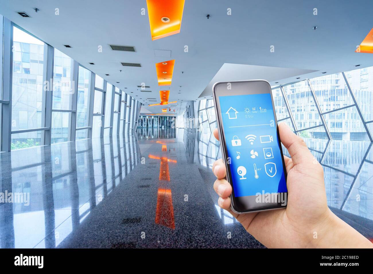 smart phone with smart home with modern corridor Stock Photo - Alamy